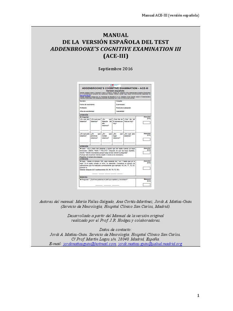 Manual de La Versión Española Del Test Ace III | Enfermedad de ...