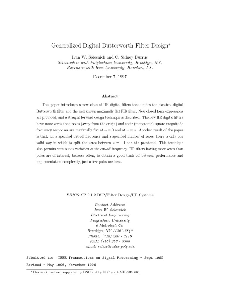 Generalized Digital Butterworth Filter Design: Ivan W. Selesnick and C ...