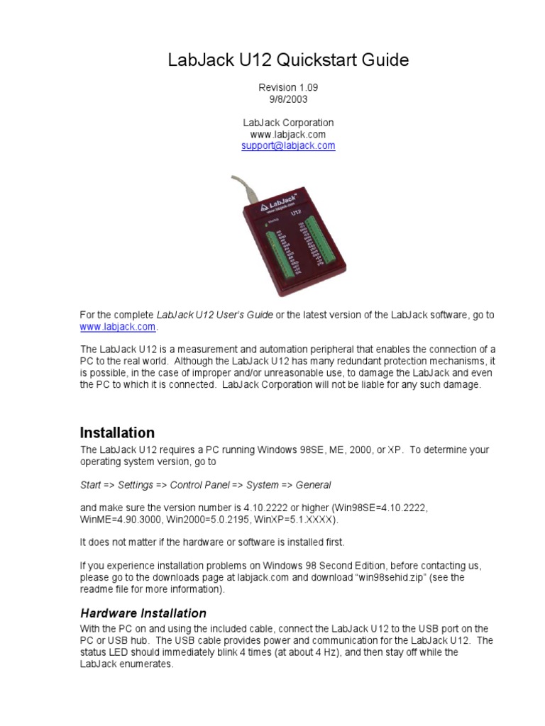 Labjack U12 Quickstart Guide Pdf Usb Installation Computer Programs