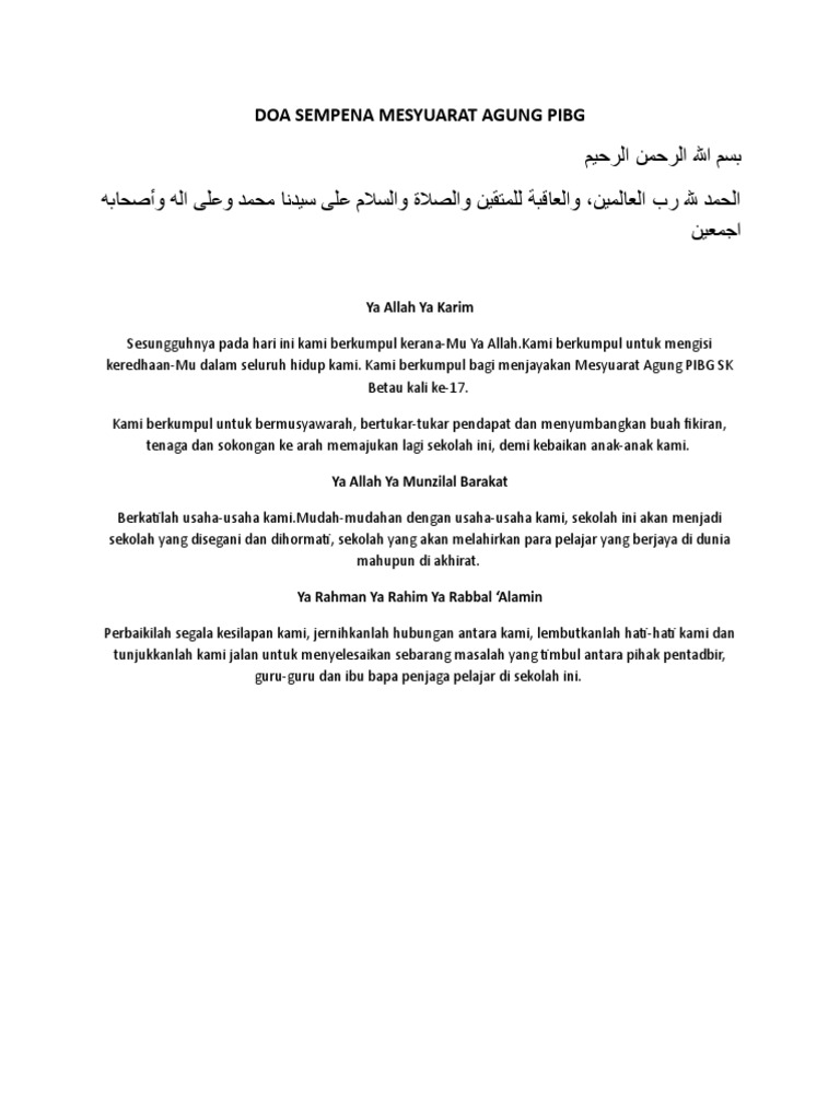 Doa Sempena Mesyuarat Agung Pibg | PDF
