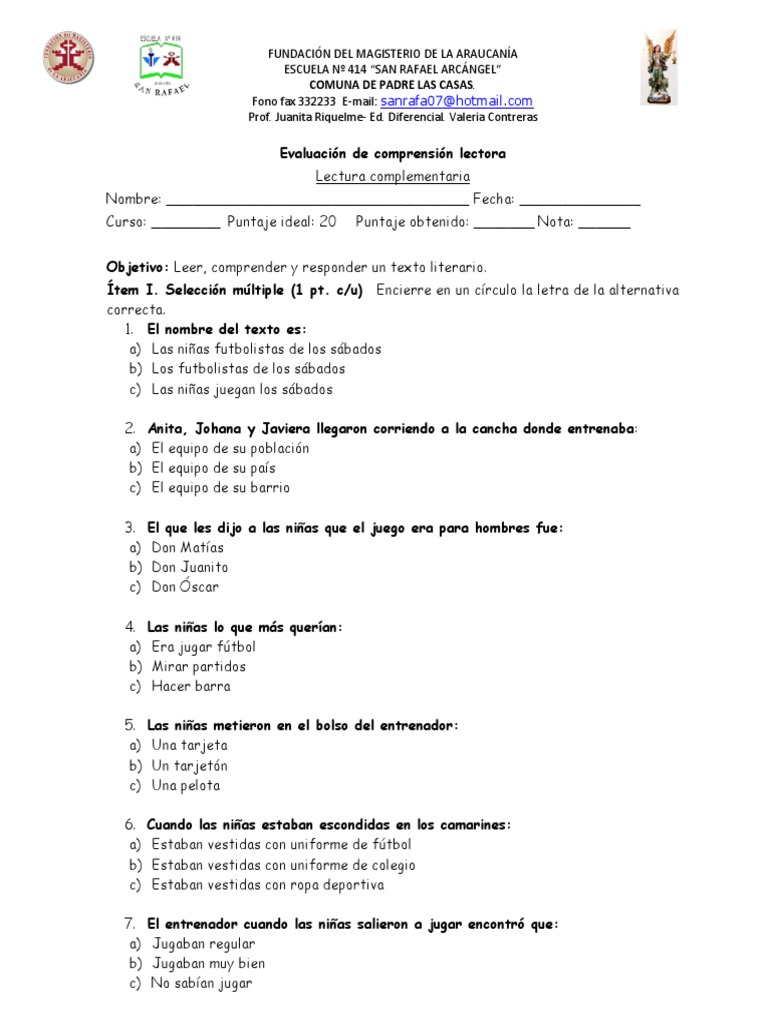 Evaluación de Comprensión Lectora. Historias de Fútbol | PDF ...