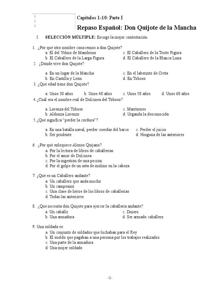 Repaso de Don Quijote: Preguntas Clave | PDF | Don Quijote | Don ...