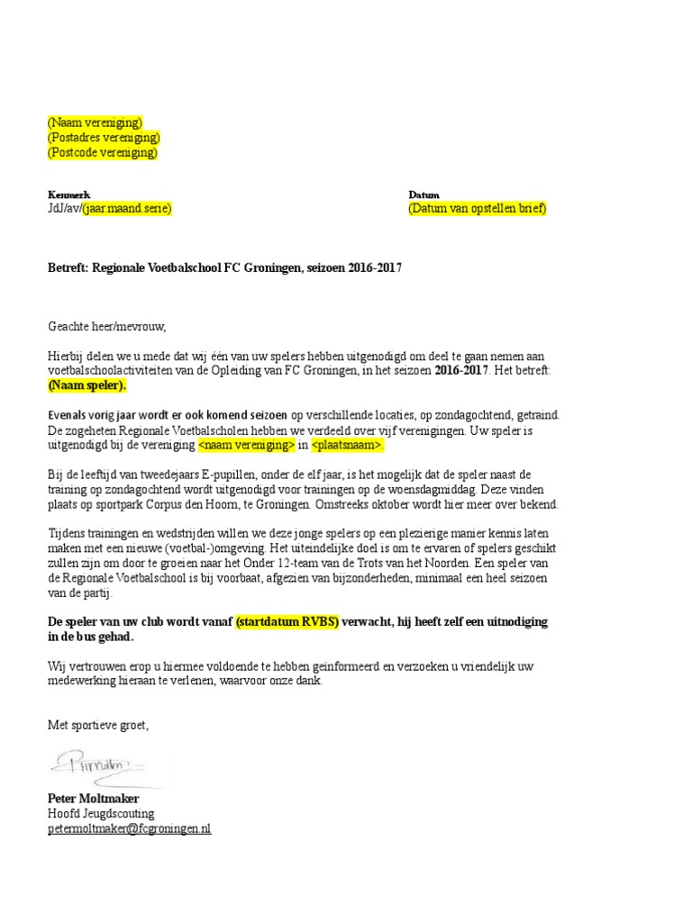 Standaardbrief Rvbs Voor Clubs | PDF
