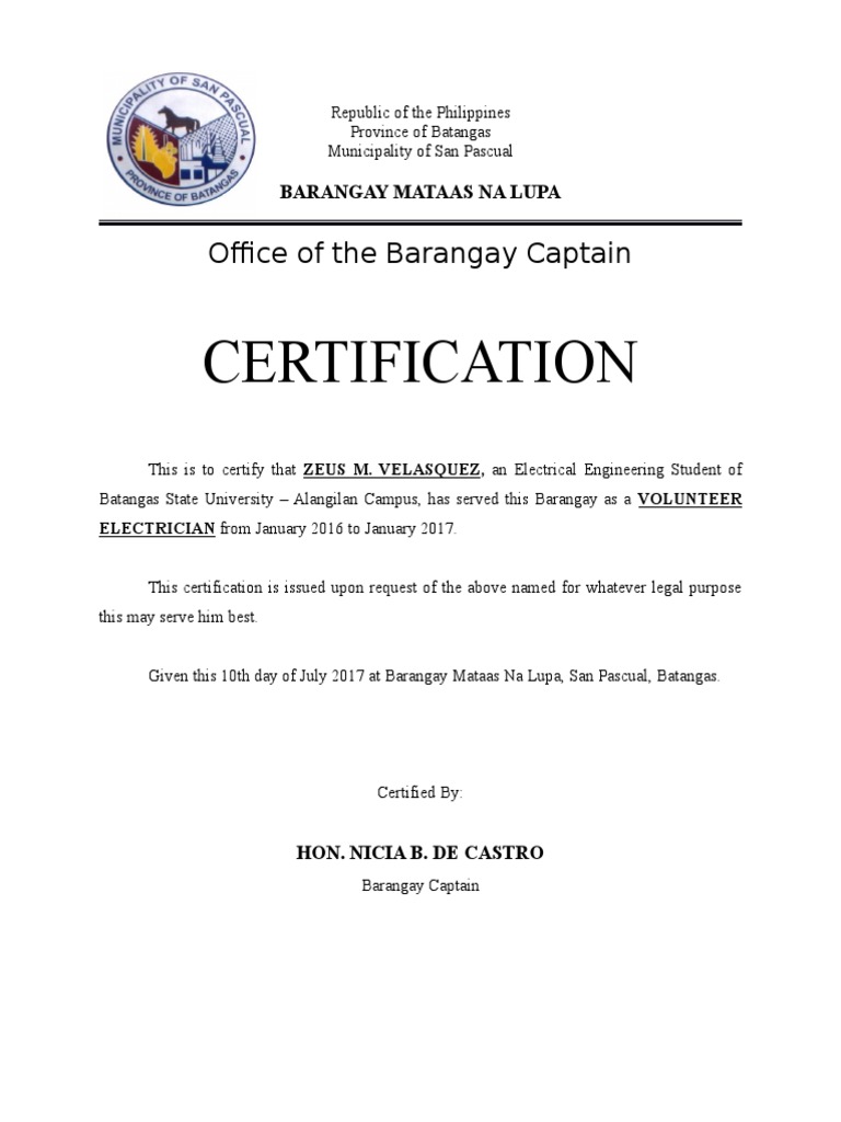 Certification: Office of The Barangay Captain | PDF