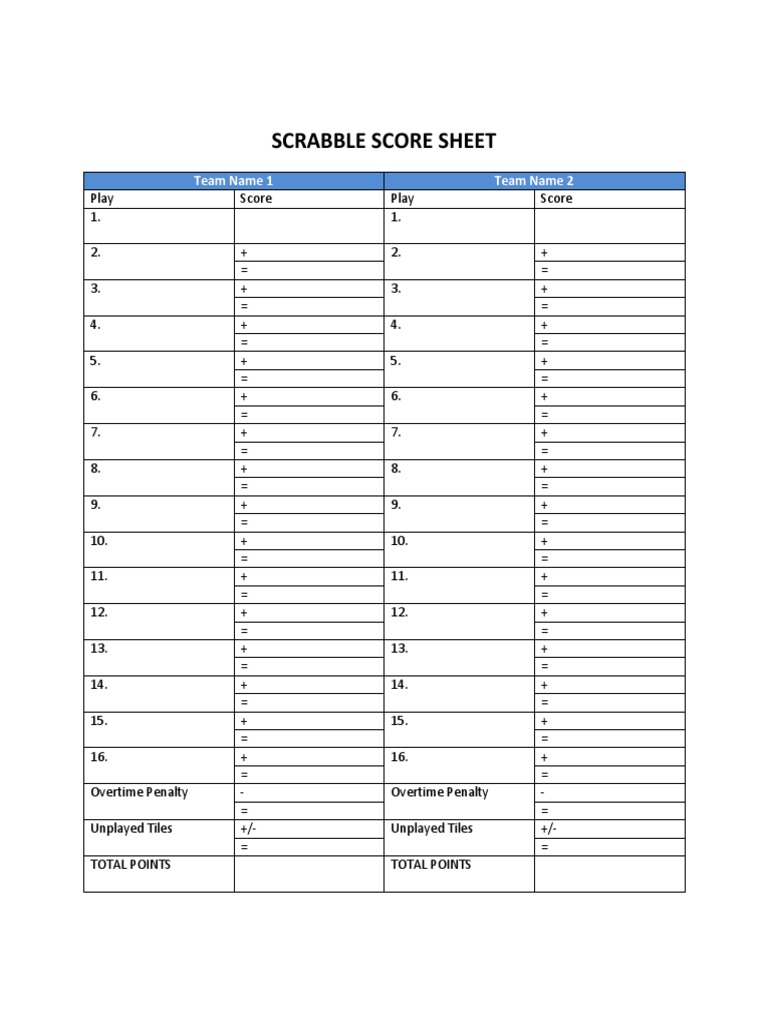 Scrabble Scoresheet | Tabletop Games | Sports