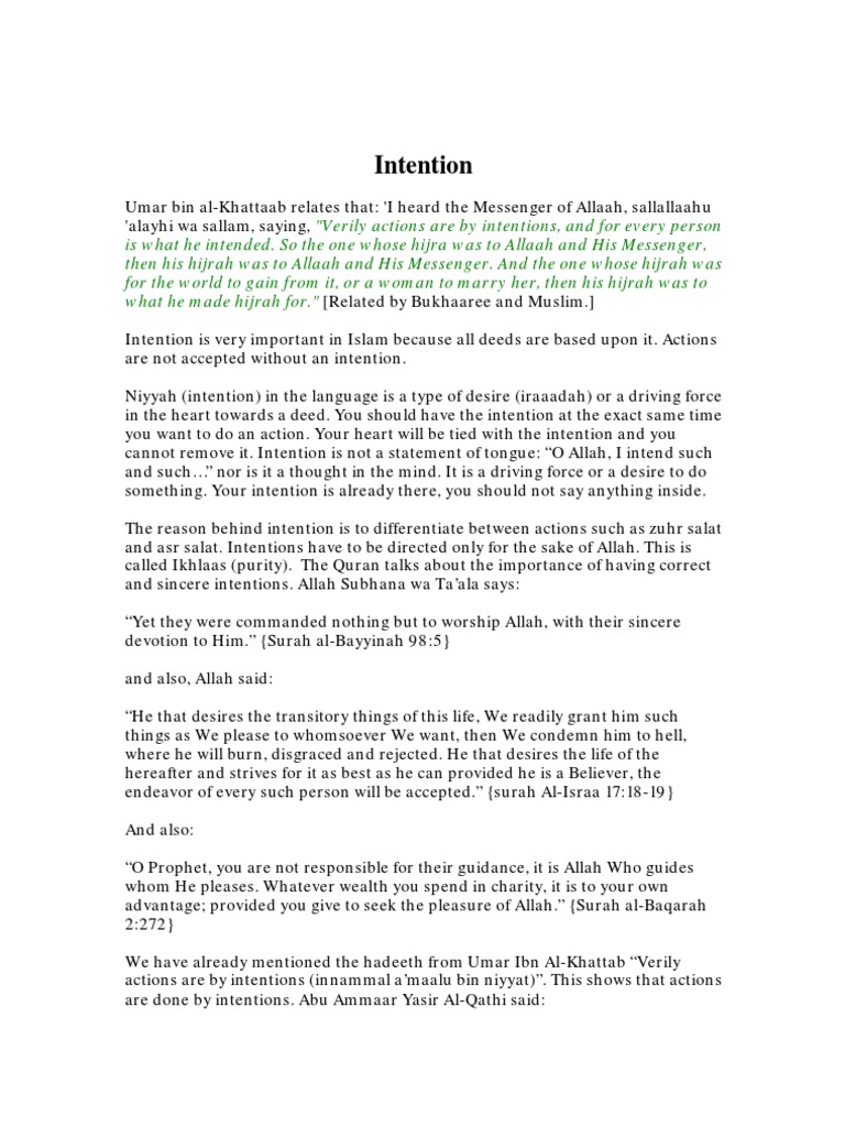Intention | PDF | Hadith | Prophets And Messengers In Islam