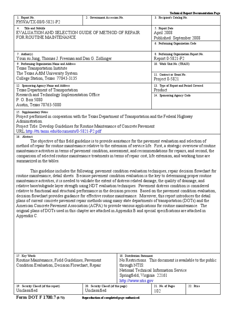 Technical Report Documentation Page: Form DOT F 1700.7 | PDF | Road ...