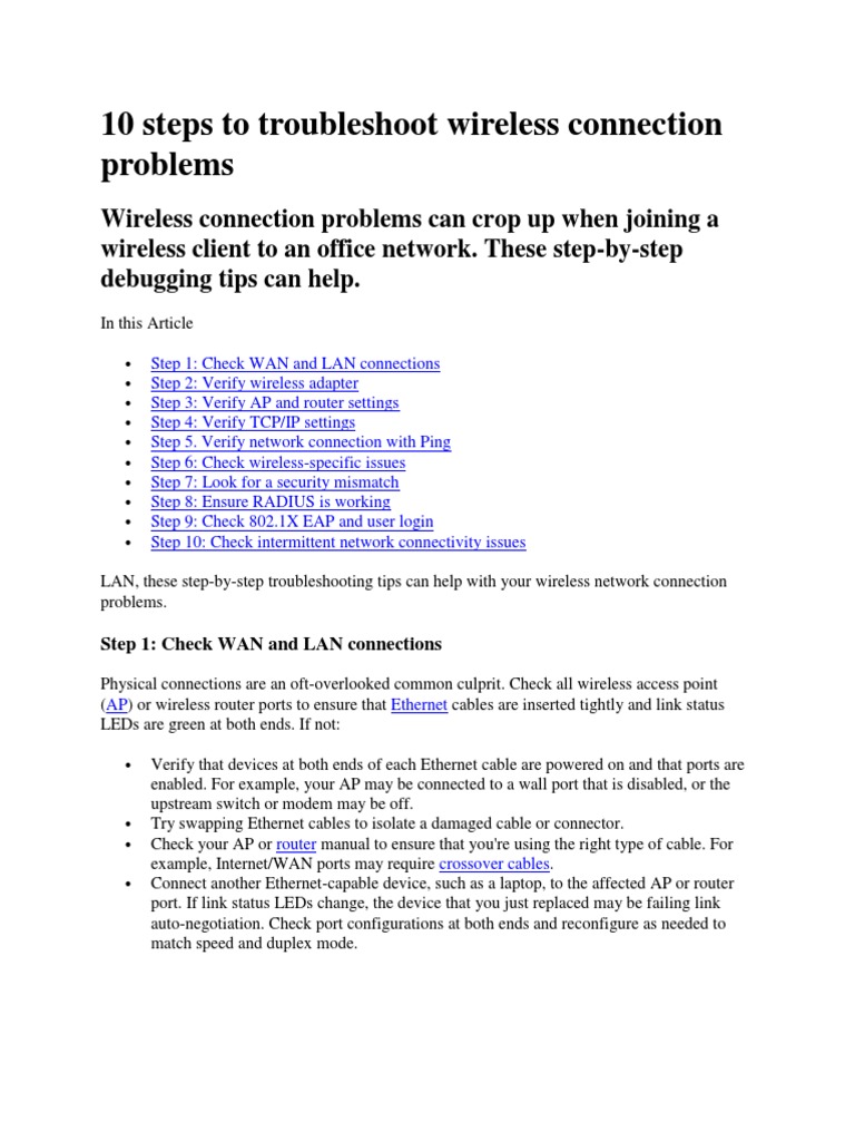 10 Steps To Troubleshoot Wireless Connection Problems | PDF | Ieee 802.11 | Radius