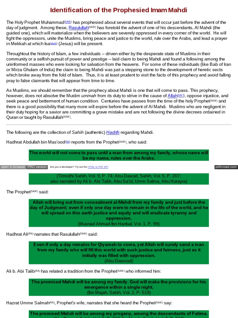 Prophecy of Hadith About Imam Mahdi (PBUH) | PDF | Muhammad | Jesus In ...