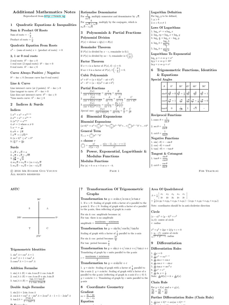 Additional Mathematics Summary Notes Pdf Trigonometric Functions Sine