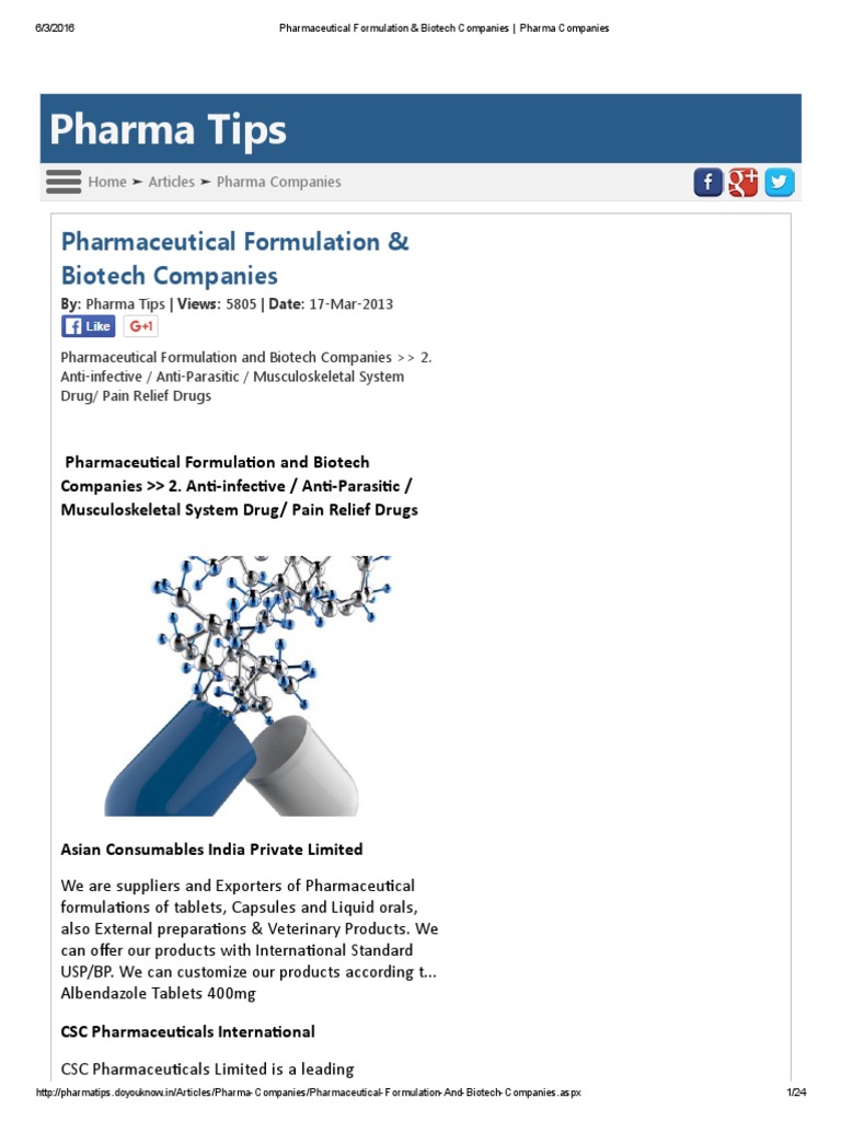 Pharma Formulation & Biotech Companies Guide | PDF | Pharmaceutical ...