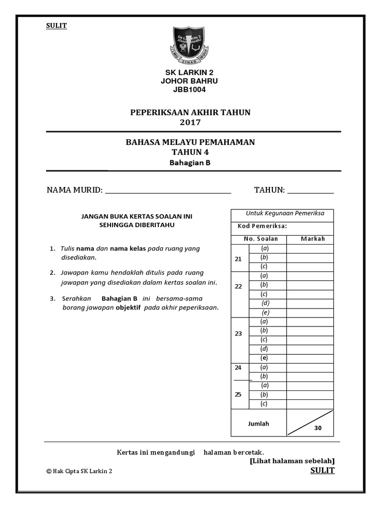 Contoh Muka Depan Ujian Awal Tahun 6 BM PEM B | PDF