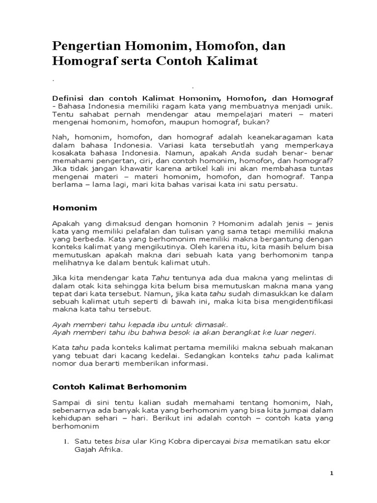 Pengertian Homonim, Homofon, Dan Homograf Serta Contoh Kalimat | PDF