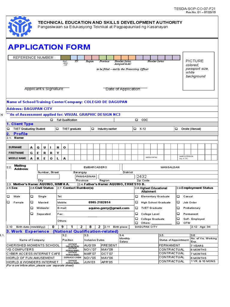 Application Form: Technical Education and Skills Development Authority ...