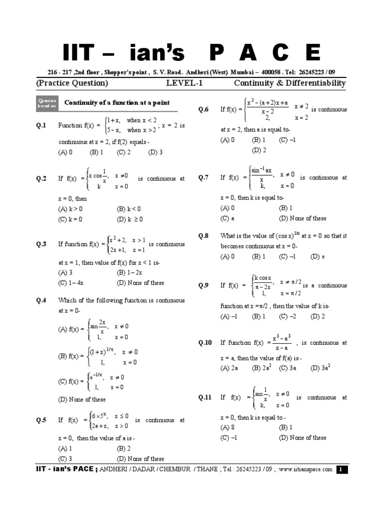 Continuity & Differentiability (Practice Question) | PDF | Continuous Function | Trigonometric ...