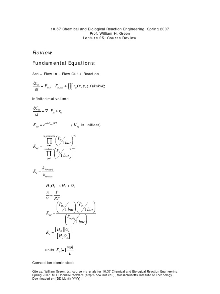 Review: Fundamental Equations | PDF | Chemical Reactor | Chemical ...