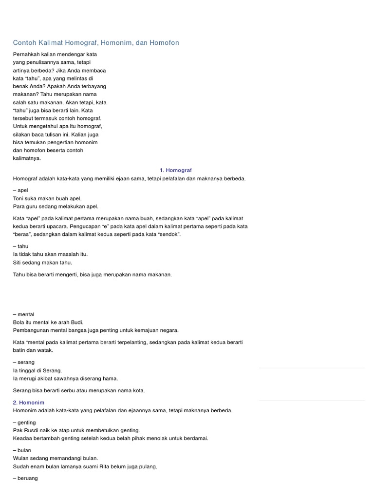 Contoh Kalimat Homograf, Homonim, Dan Homofon - Belajar Bahasa ...