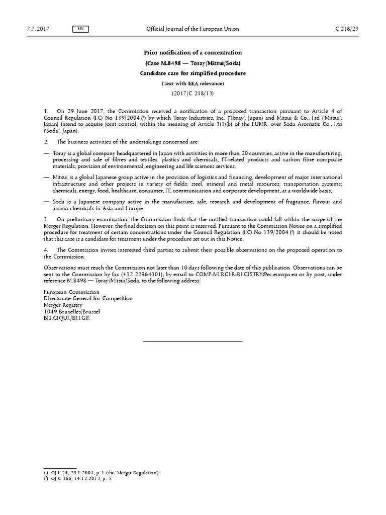 Prior Notification of A Concentration (Case M.8498 - Toray/Mitsui/Soda ...