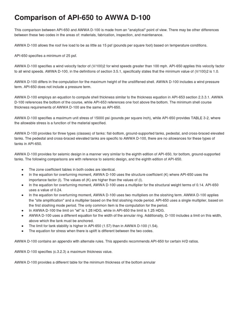 Comparison of API-650 To AWWA D-100 | PDF | Wind Speed | Pressure