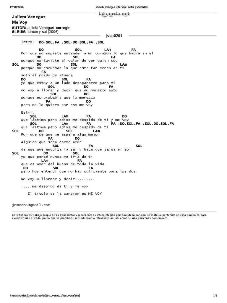 Julieta Venegas, Me Voy - Letra y Acordes PDF | Descargar gratis PDF ...