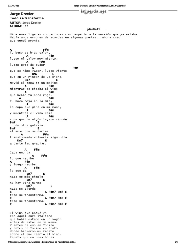 Jorge Drexler, Todo Se Transforma - Letra y Acordes | PDF | Ocio ...