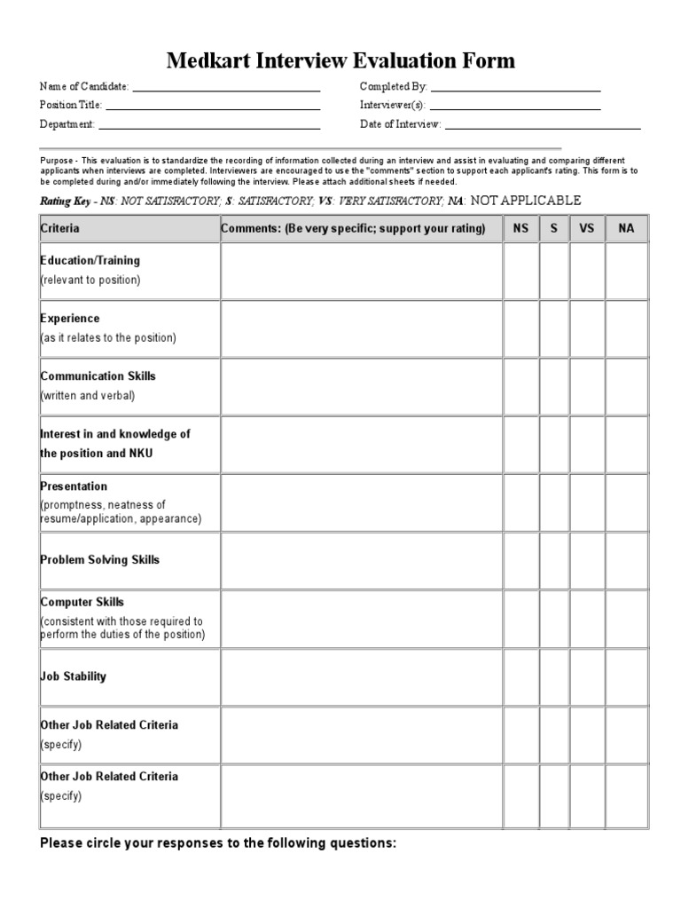 Medkart Interview Evaluation Form: Rating Key - NS: Not Satisfactory S ...