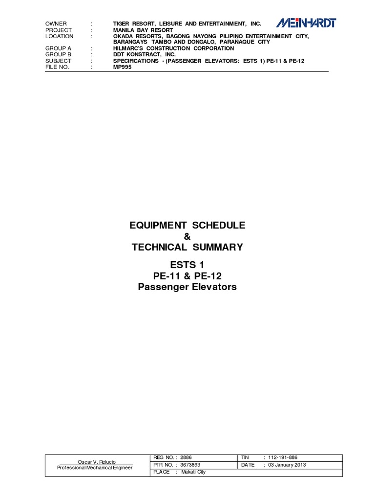 Equipment Schedule & Technical Summary Ests 1 PE-11 & PE-12 Passenger ...