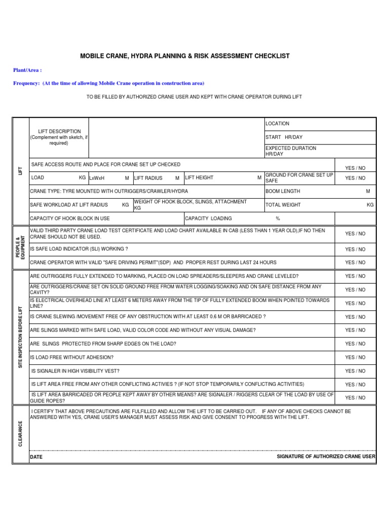 Mobile Crane, Hydra Planning & Risk Assessment Checklist: Plant/Area ...