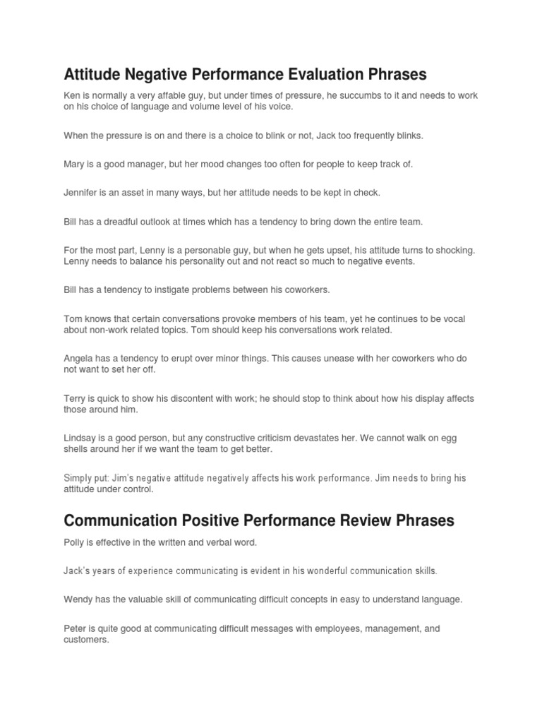 Attitude Negative Performance Evaluation Phrases | PDF | Creativity ...