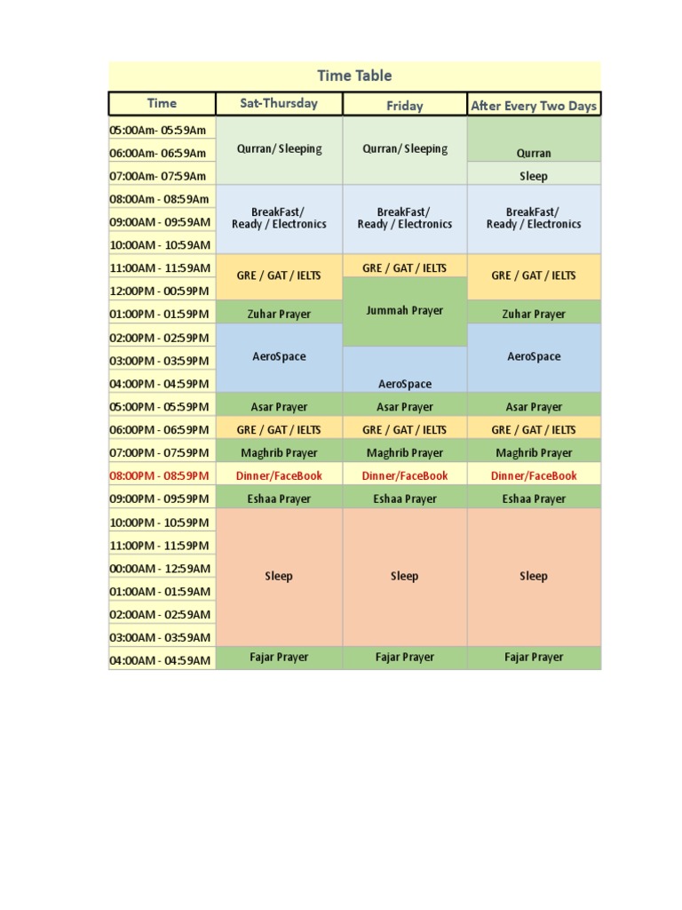 Time Table: Time Sat-Thursday Friday After Every Two Days | PDF