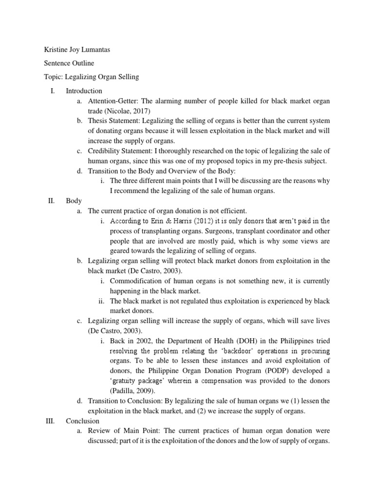 Sentence Outline Organ Selling | PDF | Organ Donation | Organ ...
