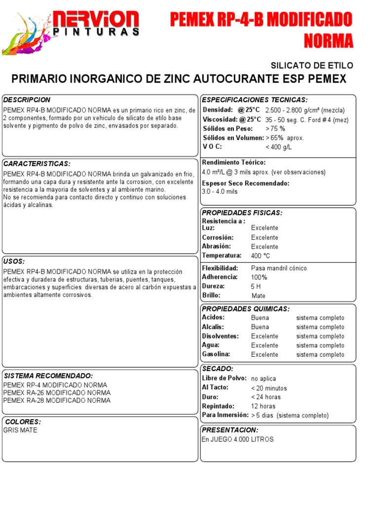 PEMEX RP-4-B MODIFICADO NORMA PRIMARIO INORGANICO DE ZINC | PDF | Zinc ...
