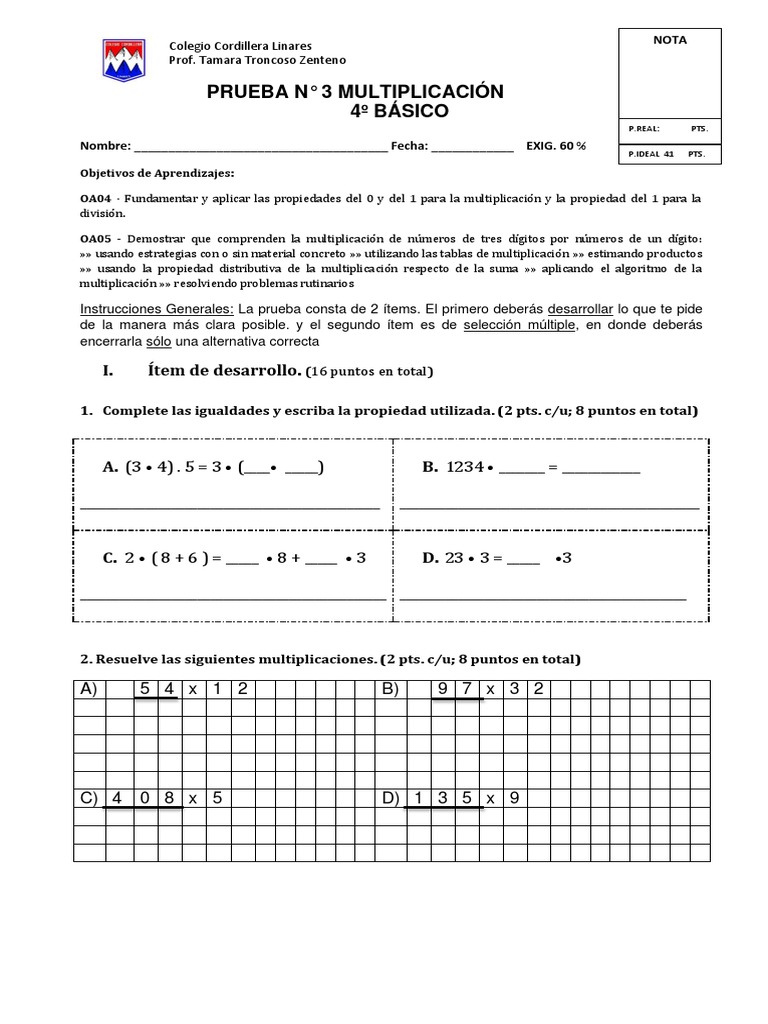 Prueba Multiplicación Cuarto Basico | PDF | Multiplicación | Enseñanza ...