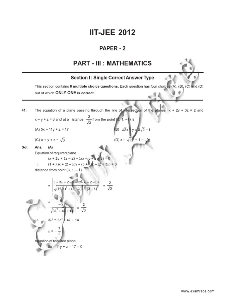 IIT Paper 2 Mathematics 2012 | PDF | Sine | Plane (Geometry)