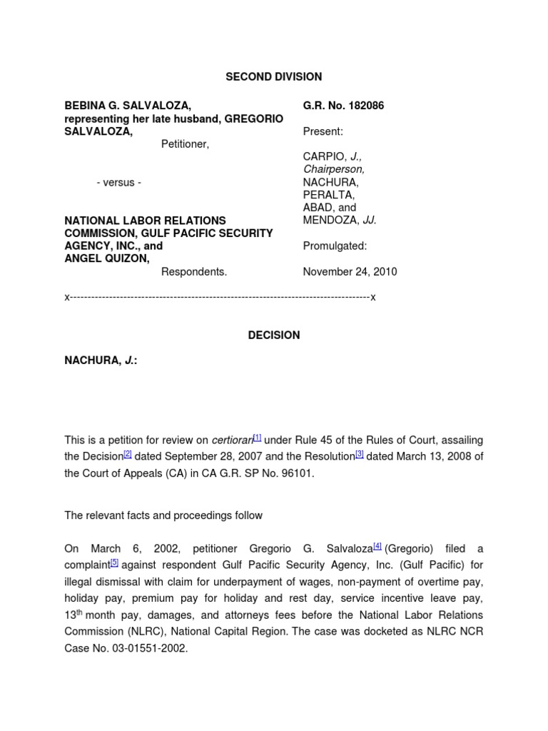 FLOATING STATUS - Salvaloza v. NLRC, Gulf PaCifiC SeCurity ServiCes ...