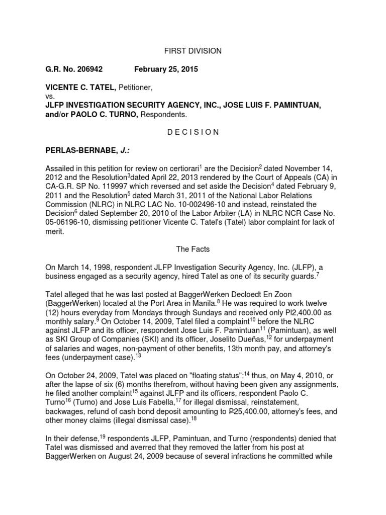 FLOATING STATUS - Tatel v. JLFP SeCurity Agency, Pamintuan and Turno ...