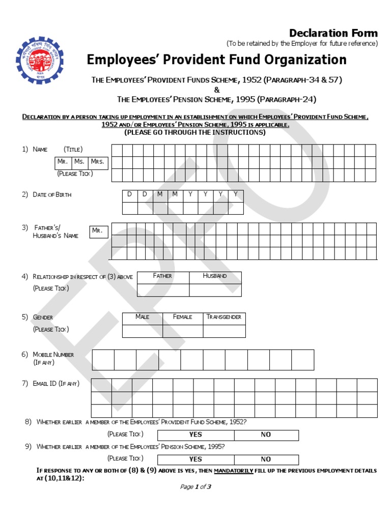 Employees' Provident Fund Organization: Declaration Form | Download ...