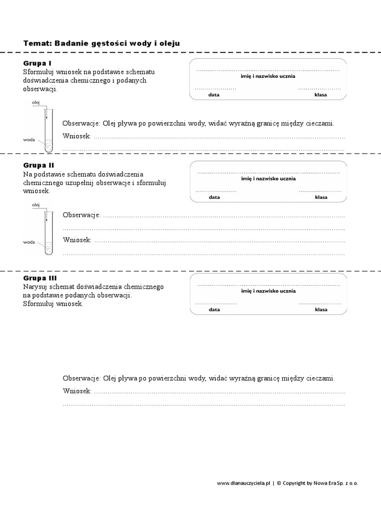 Kartkowka 1 Badanie Gestosci Wody I Oleju | PDF