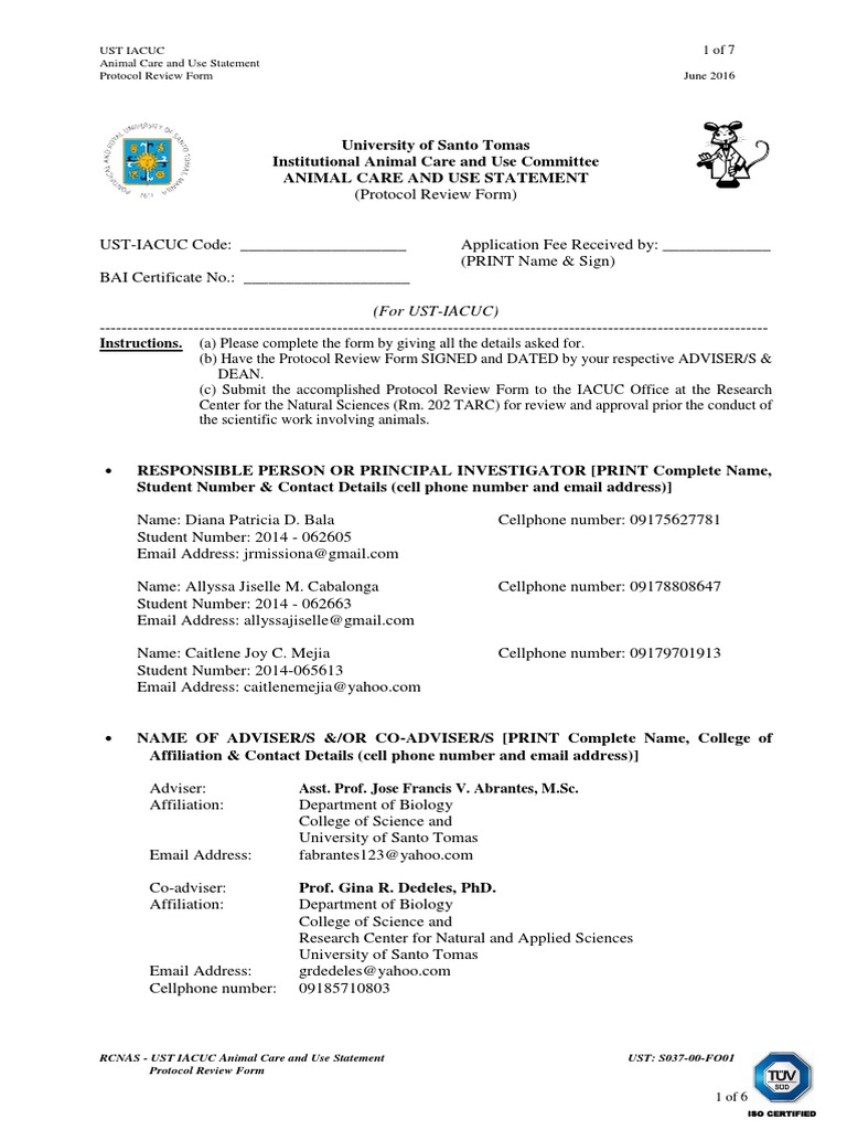 UST IACUC Animal Care Protocol Form | PDF | Nature | Wellness