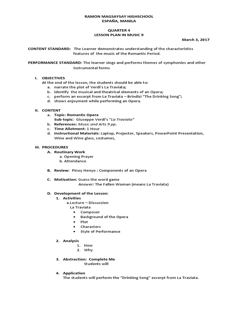 (Edited) Final Demo (Grade 9) - Lesson Plan | PDF | La Traviata | Opera