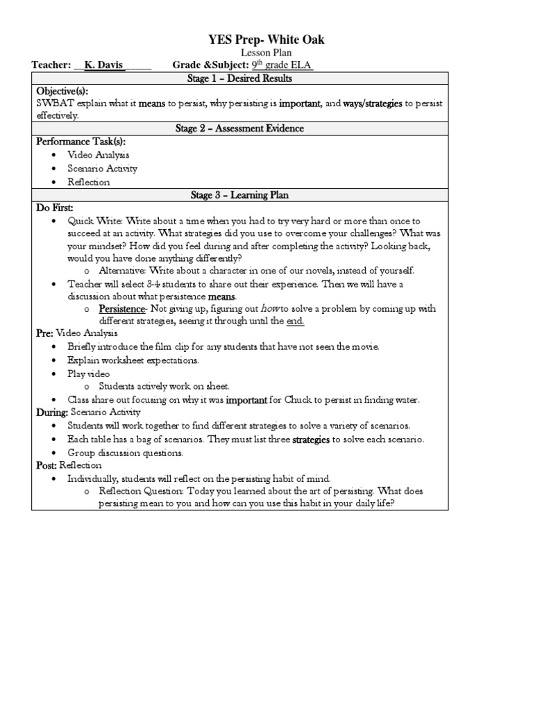 Persistence Lesson Plan | PDF