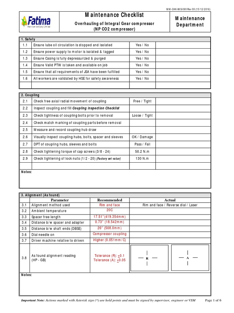 Checklist For NP CO2 Compressor Overhauling - Rev 0 PDF | PDF | Bearing ...
