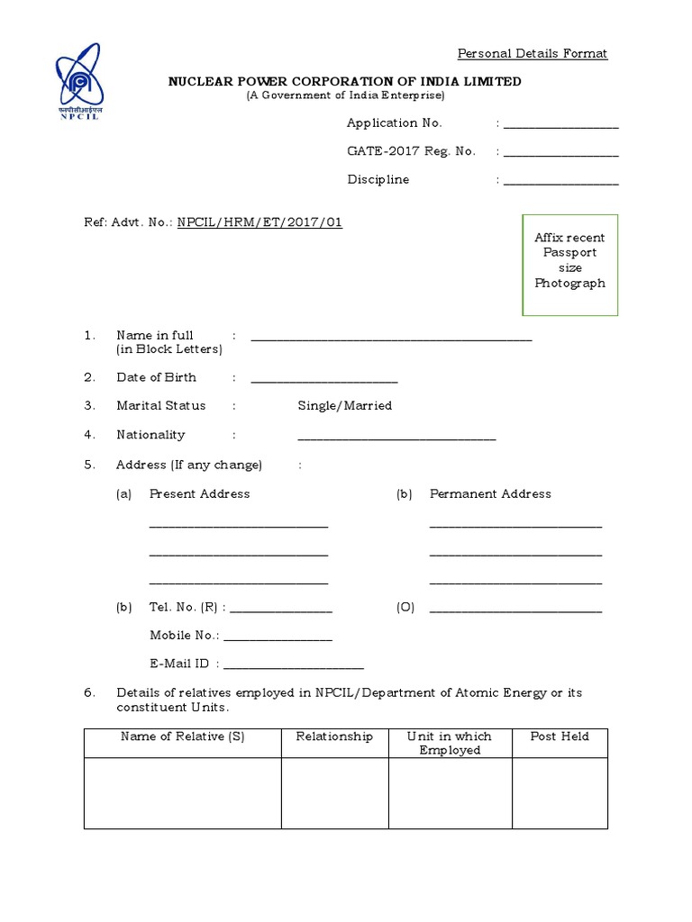 Npcil Personal Details Format | PDF | Nuclear Energy | Government