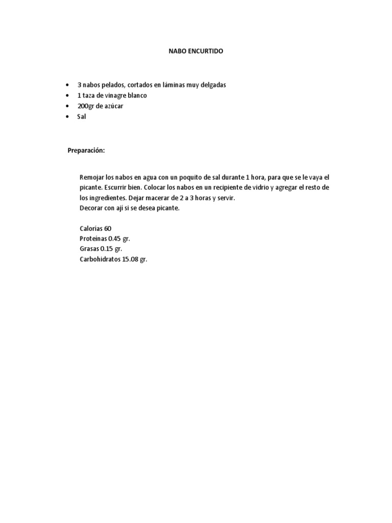 Nabo Encurtido - Receta | PDF