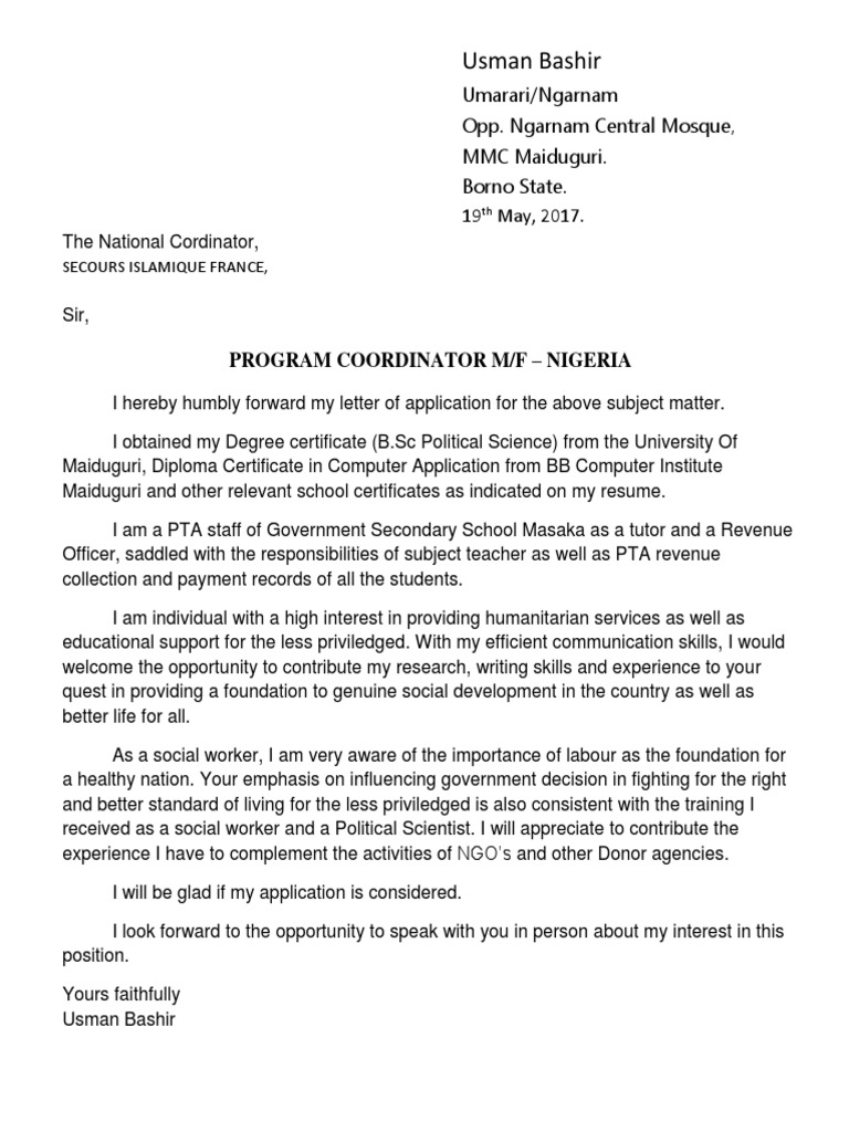 Usman Bashir: Program Coordinator M/F - Nigeria | PDF