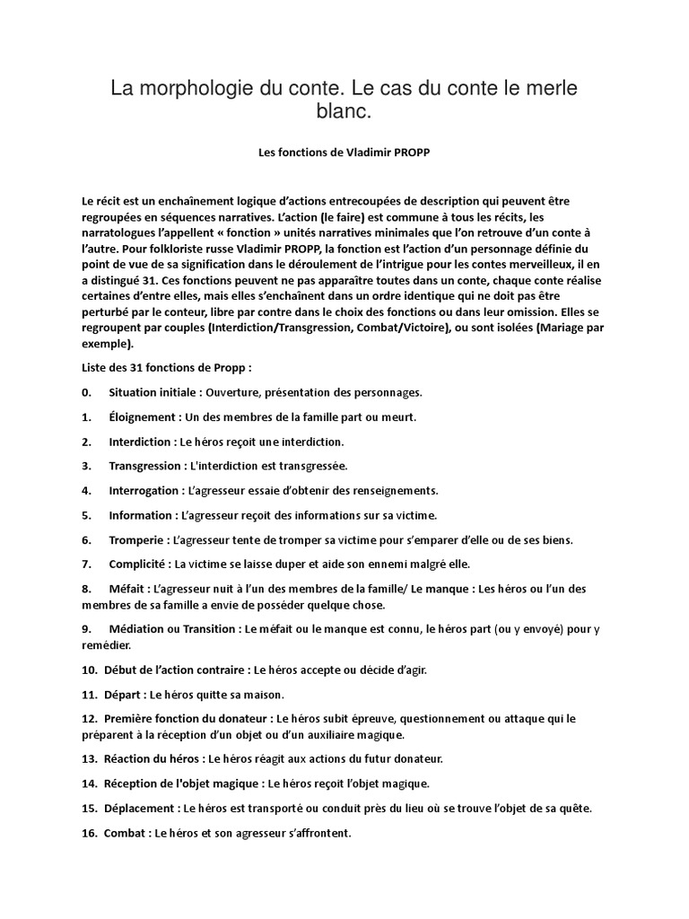 La Morphologie Du Conte Les Fonctions de Vladimir PROPP | PDF