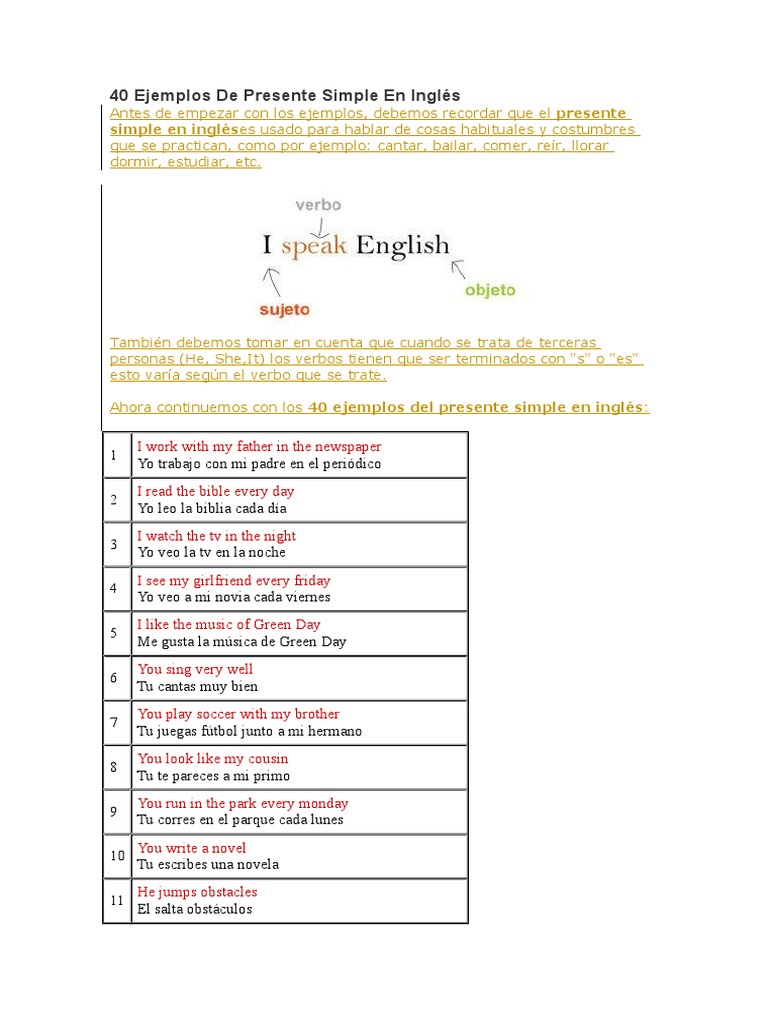 40 Ejemplos de Presente Simple en Ingles | PDF | Conjugación gramatical ...