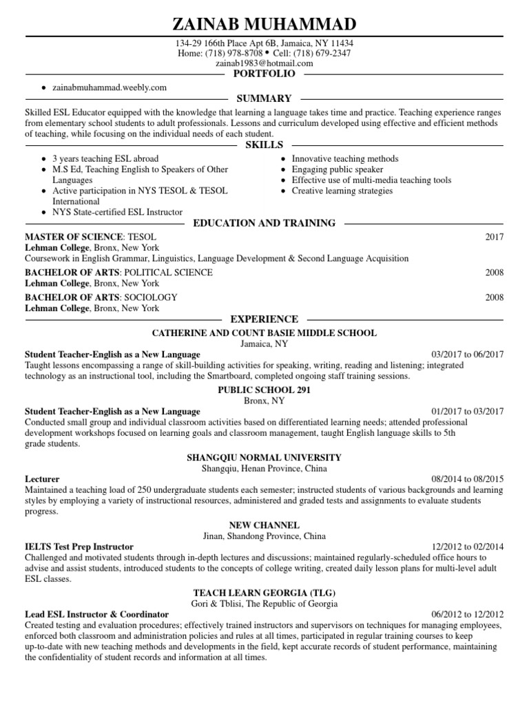 Zainab Muhammad Resume Esl Educator | PDF | English As A Second Or ...