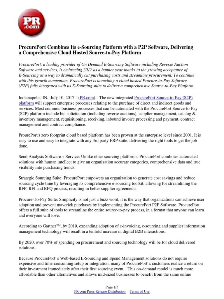 ProcurePort Combines Its E-Sourcing Platform With A P2P Software, Delivering A Comprehensive ...