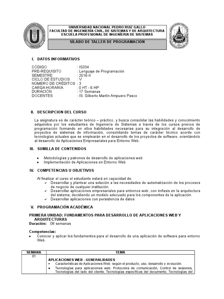 Silabo Taller de Programacion Unprg | PDF | Aplicación web | Modelo – Vista – Controlador